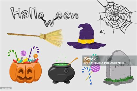 귀여운 요소의 할로윈 세트 호박 거미 마녀 모자 편지와 할로윈 사탕 캔달 찢어 만화 휴일에 대한 으스스한 요소 벡터 일러스트레이션 가을에 대한 스톡 벡터 아트 및 기타
