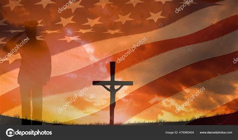 Composition Crucifix Soldier Silhouette Saluting American Flag American