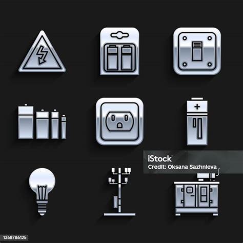 아이디어 조명 스위치 및 기호 아이콘의 개념과 미국 고전압 전원 극선 디젤 발전기 배터리 전구 설정 전기 콘센트 벡터 가득 찬에 대한 스톡 벡터 아트 및 기타 이미지
