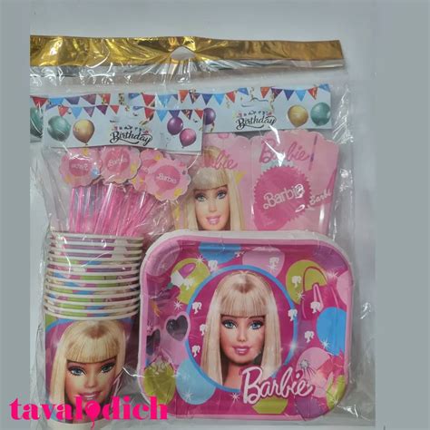 لوازم تم تولد باربی کلیه ظروف پذیرایی تم باربی تولدیچ