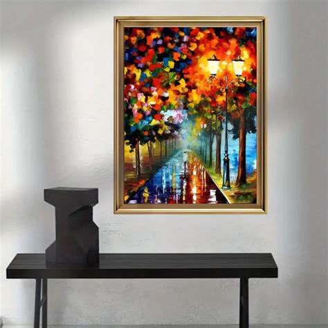 생생한 인상파 도시 풍경 캔버스 화려한 가을 나무 가로등 고요한 젖은 길 프레임 없는 미술 인쇄물 가정 사 Temu Korea