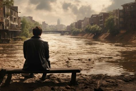 Man Sits City River Flow Generate Ai