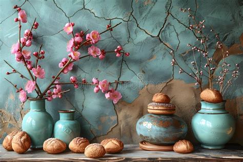 Rustic Spring Bakery Display With Pink Blossoms And Artisan Bread Generative Ai Stock