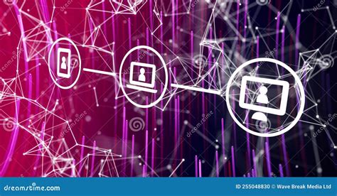 Image Of Connections And Technology Icons Over Lights On Pink