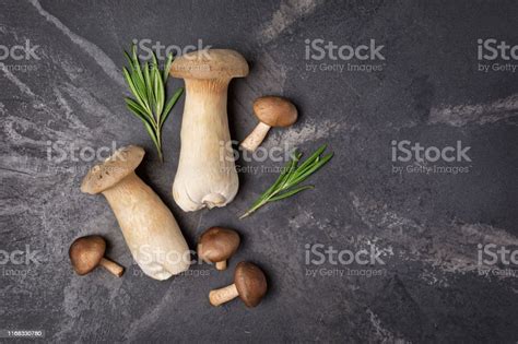 표고버섯과 왕굴 또는 에링기와 로즈마리 향신료를 섞은 신선한 버섯 갈색에 대한 스톡 사진 및 기타 이미지 갈색 건강한