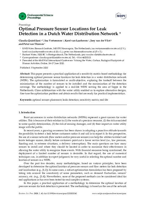 Pdf Optimal Pressure Sensor Locations For Leak Detection In A Dutch Water Distribution Network