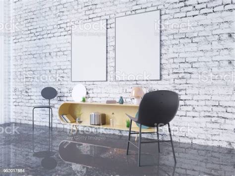 홈 오피스 인테리어 배경 3d 렌더링 3d 일러스트의 포스터 프레임을 모의 0명에 대한 스톡 사진 및 기타 이미지 0명 가구 공란 Istock