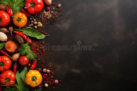 Seasonings Vegetables Fruits And Foods On Dark Background View From