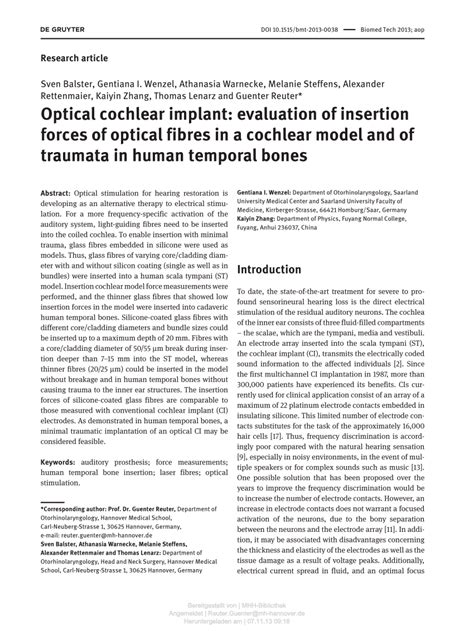 Pdf Optical Cochlear Implant Evaluation Of Insertion Forces Of Optical Fibres In A Cochlear