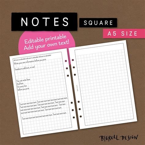 Square Grid Notes Editable Printable Notepaper And List Making Insert Use Blank Or Add Your