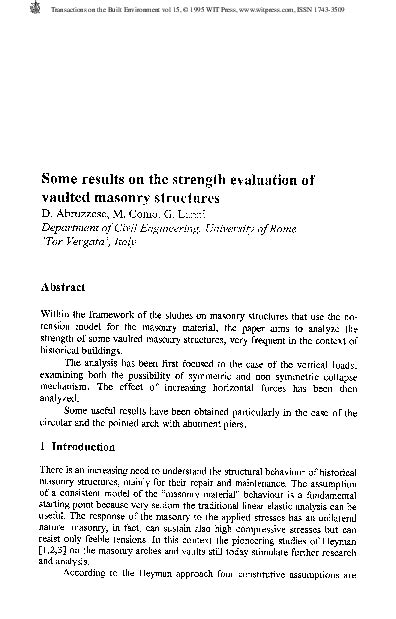 Pdf Some Results On The Strength Evaluation Of Vaulted Masonry Structures
