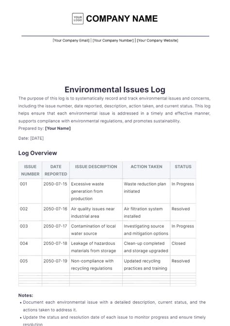 Free Environmental Issue Log Template To Edit Online