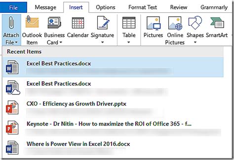 Outlook Insert Attachments Recent Files