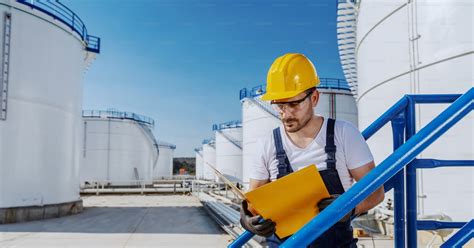 열심히 일하는 잘 생긴 백인 노동자는 전반적으로 머리에 헬멧을 쓰고 계단에 서서 문서가있는 폴더를보고 있습니다 석유 생산 사진 Unsplash의 산업 건물 이미지