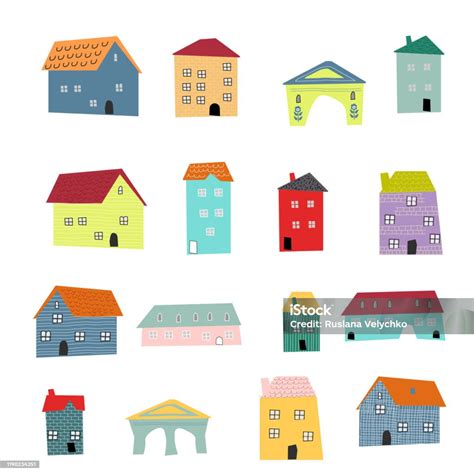 멀티 컬러 낙서 포옹 하우스 컬렉션입니다 스칸디나비아 도시 풍경입니다 멀티 컬러 낙서 포옹 하우스 컬렉션입니다 스칸디나비아 도시 풍경입니다 손으로 그린 밝은 색상의 미니멀