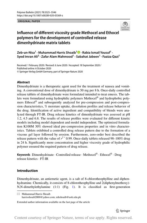 Influence Of Different Viscosity Grade Methocel And Ethocel Polymers For The Development Of