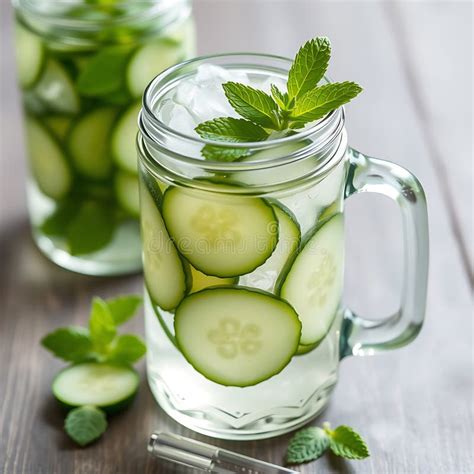 A Refreshing Cucumber And Mint Mocktail In A Glass Jar With Cucumber Ribbons Fresh Mint Leaves