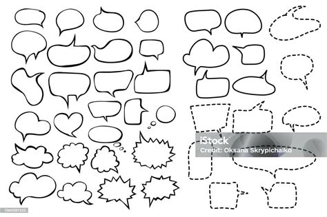그려진 음성 거품의 벡터 집합입니다 낙서 스타일을 스케치합니다 음성 구름은 단선과 파선선으로 그려지고 모양이 다릅니다 그리기에