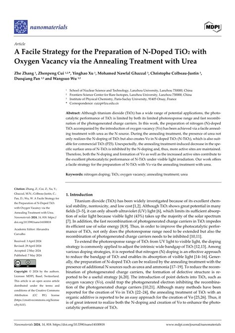 Pdf A Facile Strategy For The Preparation Of N Doped Tio2 With Oxygen Vacancy Via The