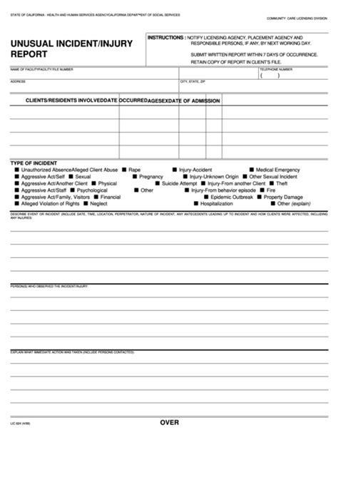 Form Lic624 Download Fillable Pdf Or Fill Online Unusual Incident