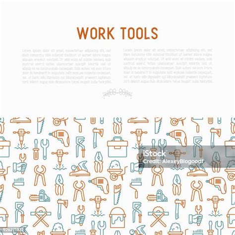 얇은 선 아이콘으로 작업 도구 개념 주먹 드릴 렌치 비행기 도구 상자 수레 톱 펜 치 톱 질 기계 웹 페이지 또는 인쇄 매체에 대 한 장비를 건물의 현대 벡터 일러스트
