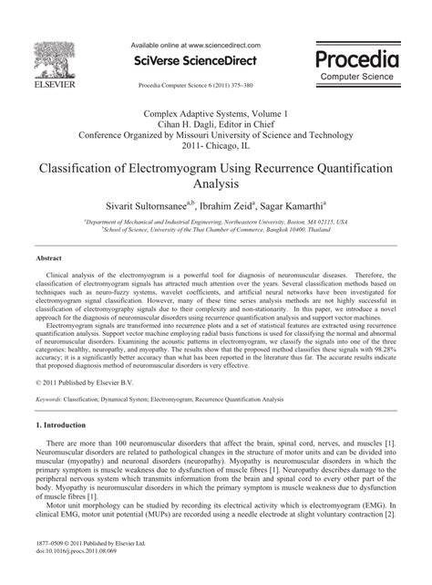 Pdf Classification Of Electromyogram Using Recurrence Quantification Analysis