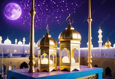 Eid Mubarak Theme With Islamic Lantern Lights Of Matellic Colours Along
