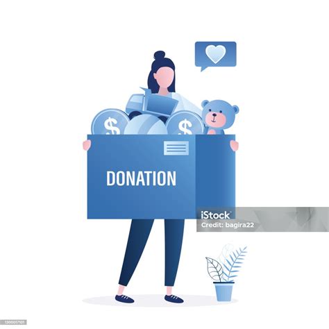 기부 컨셉 배너 행복한 여자는 기부와 상자를 보유하고 있습니다 상자에 장난감과 돈 여성 자원봉사자 자선 기부금 모금 Charitable Foundation에 대한 스톡 벡터