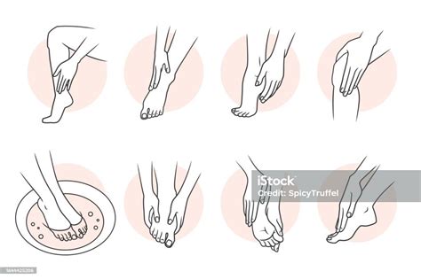 레그 크림 발 관리 아이콘입니다 스킨케어 화장품을 사용한 바디 마사지 정강이와 무릎을 만지는 여자 모이스처라이저를 바르는 소녀 페디큐어 목욕 미용 절차 벡터 일러스트레이션