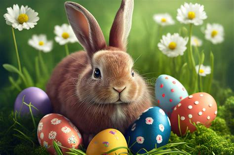 Cute Easter Bunny In Grass And Daisy Flowers Nest With Colorful Easter Eggs Stock Image Image