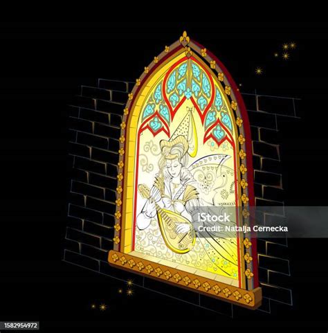 고딕 양식의 스테인드 글라스 창 근처에서 만돌린을 연주하는 아름다운 공주의 그림 어린이 동화책 표지 또는 어린이 포스터 배경