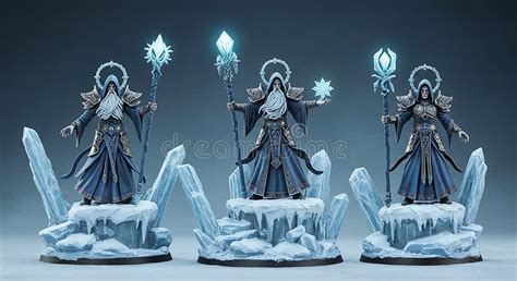 Three Medieval Fantasy Wizard Figures Stand On Icy Platforms Each
