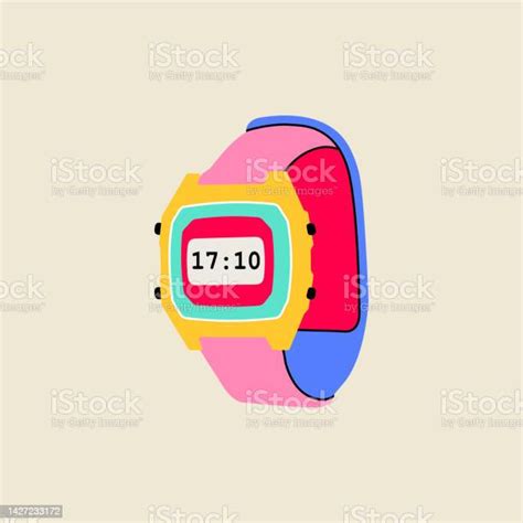고전적인 향수를 불러 일으키는 디지털 80 년대 90 년대 요소는 현대적인 스타일의 플랫 라인 스타일입니다 복고풍 또는 빈티지 전자 손목 시계 액세서리의 손으로 그린 벡터