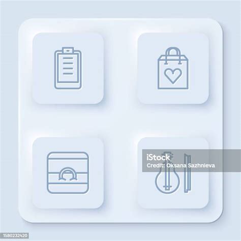 체크리스트 쇼핑백 하트 결혼 반지 및 바이올린으로 라인 클립 보드를 설정하십시오 흰색 사각형 버튼입니다 벡터 3월에 대한 스톡 벡터 아트 및 기타 이미지 Istock