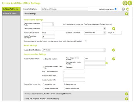 invoice and other office settings abtrac support