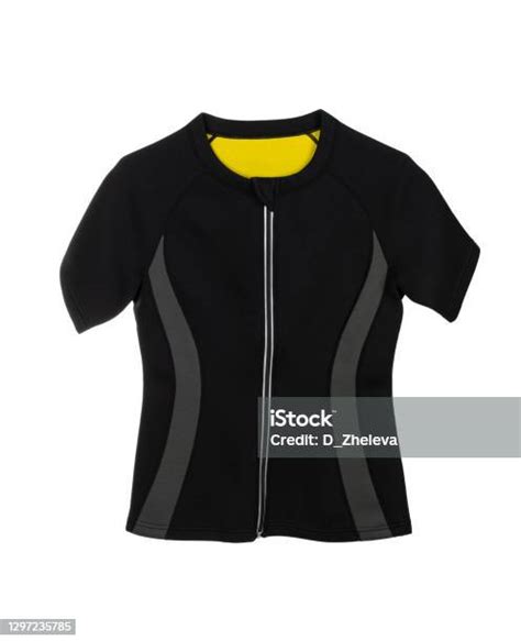 흰색 배경에 분리 된 반소매와 지퍼스포츠 네오프렌 블라우스 스포츠 중 사우나 효과 및 체중 감소 스포츠에 대한 스톡 사진 및