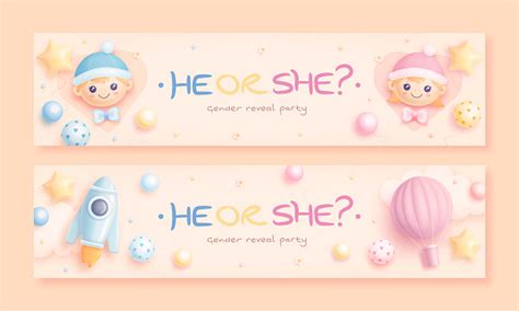 그 또는 그녀 소년 또는 소녀 만화 성별은 초대 템플릿을 공개합니다 사실적인 만화 요소가있는 수평 파티 배너 3차원 형태에 대한 스톡 벡터 아트 및 기타 이미지 Istock