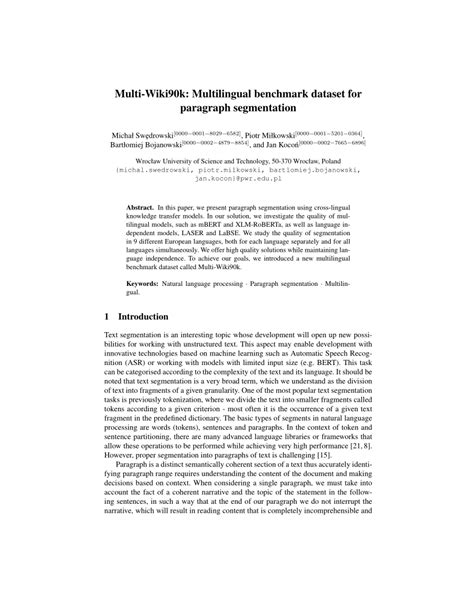 Pdf Multi Wiki90k Multilingual Benchmark Dataset For Paragraph Segmentation