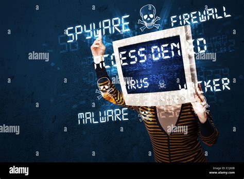 Monitor Head Person With Hacker Type Of Signs On The Screen Stock Photo Alamy
