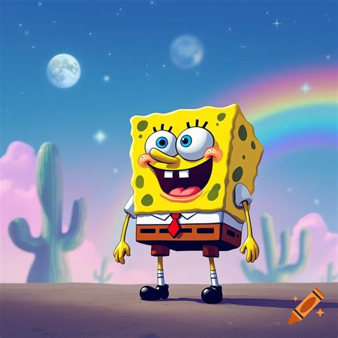 Spongebob Squarepants Stands In A Stylized Desert Landscape With Cacti Multiple Moons And A