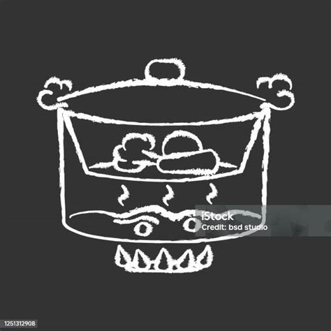 검은 색 배경에 분필 흰색 아이콘을 김이 끓는 물에 증기로 음식을 요리 식사 준비 방법 요리 기술 야채 고립 벡터 칠판