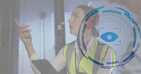 Image Of Eye Retina Scanner Over Caucasian Female Engineer Using Tablet Working At Server Room
