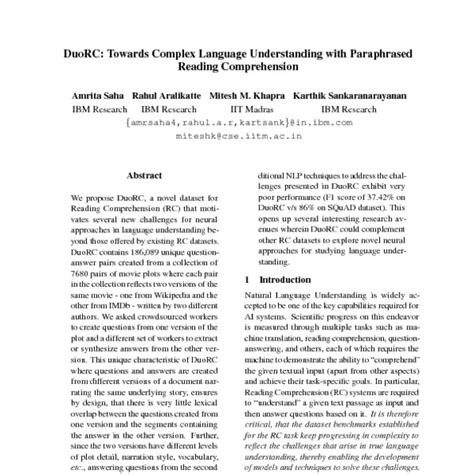 Duorc Towards Complex Language Understanding With Paraphrased Reading