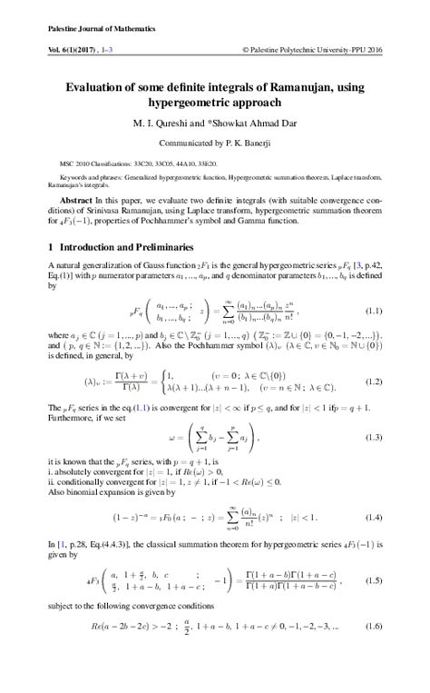 Pdf Evaluation Of Some Definite Integrals Of Ramanujan Using Hypergeometric Approach