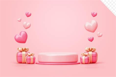 제품 배치를 위한 하트 및 선물 상자 배경 3d 그림 빈 디스플레이 장면 프레젠테이션이 있는 발렌타인 데이 분홍색 연단 무료