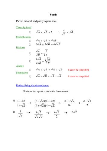Surds Worked Examples Teaching Resources