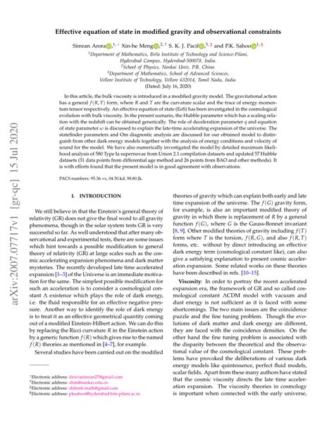 Pdf Effective Equation Of State In Modified Gravity And Observational Constraints