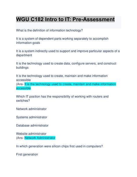 WGU C Intro To IT Pre Assessment Questions Answers Updated Solution Scholarfriends
