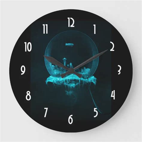 Fantasy Seattle City In A Snowglobe With A Blimp Large Clock Zazzle