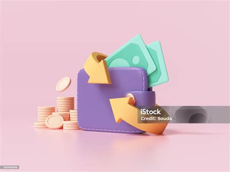 캐시백 및 환불 아이콘 개념 지갑 달러 지폐 와 동전 스택 핑크 배경에 온라인 지불 3d 엔더 일러스트레이션 금융에 대한 스톡 사진 및 기타 이미지 Istock